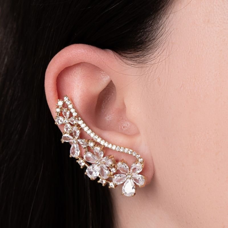 Styllus Semijoias - Brinco Pendurado Banho de Ouro 18k Ear Cuff Flores ...